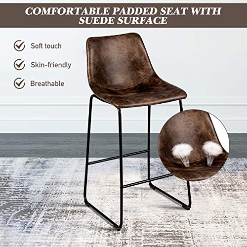 COSTWAY Set of 4 Bar Stool, Vintage Faux Suede Bar Stools, with Metal Legs, Back and Footrest, Upholstered Stool Chairs for Home Kitchen, Pub (Grey, 4)