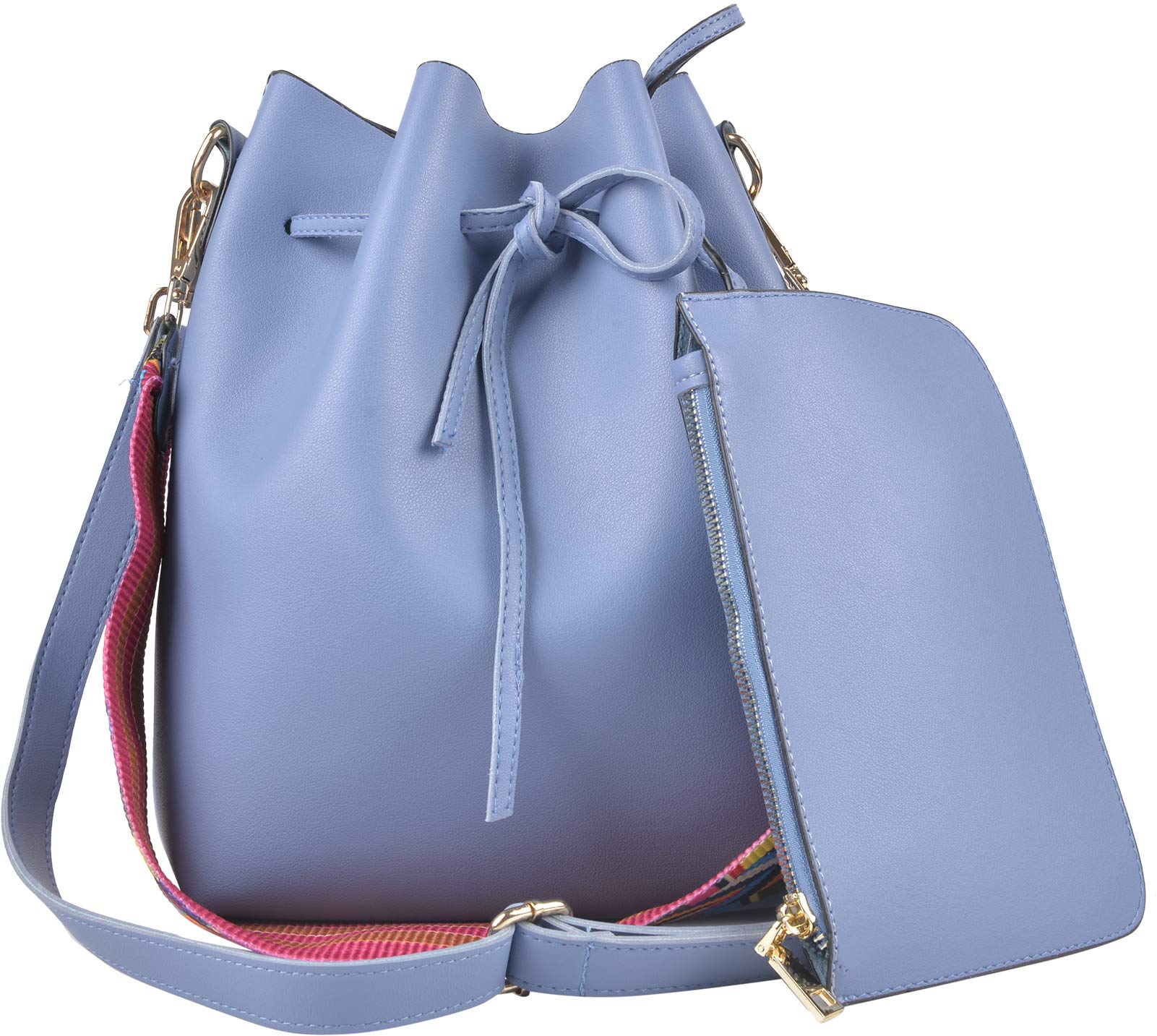 QZUnique Handbag Set Women's PU Leather Drawstring Bucket Bag Crossbody Shoulder Bags Purses Set With Colorful Strap Blue