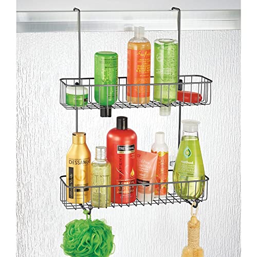 mDesign Extra Wide Metal Wire Over The Bathroom Shower Door Caddy, Hanging Storage Organizer Center with Built-in Hooks and Baskets on 2 Levels for Shampoo, Body Wash, Loofahs - Graphite Gray