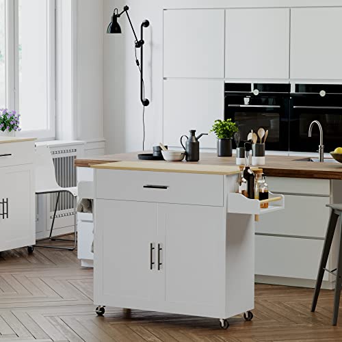 IRONCK Rolling Kitchen Island Table on Wheels with Drop Leaf, Storage Cabinet, Drawer, Spice Rack, Towel Rack, Kitchen Cart, White