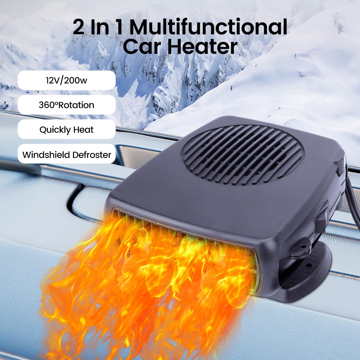Car Heater, 200W 2 in 1 Portable Car Heater Fast Heating Quickly Defrost Defogger Demister Heat Cooling Fan Auto Dryer Windshield Defroster Plug in Cigarette Lighter(12V)