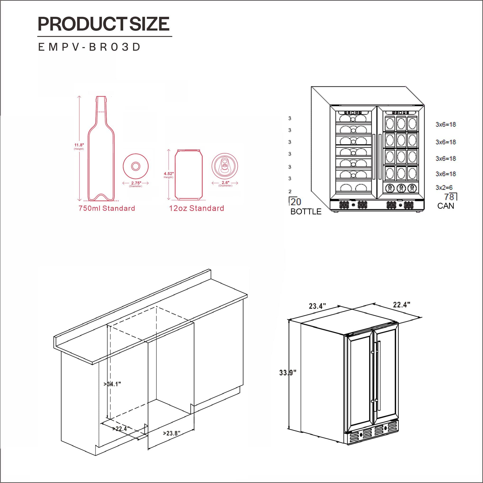 Empava Beverage Refrigerator Cooler 78 Cans and 20 Bottles Freestanding Dual Zone Fridge Cellar for Wine Soda Beer in Stainless Steel, 24 Inch