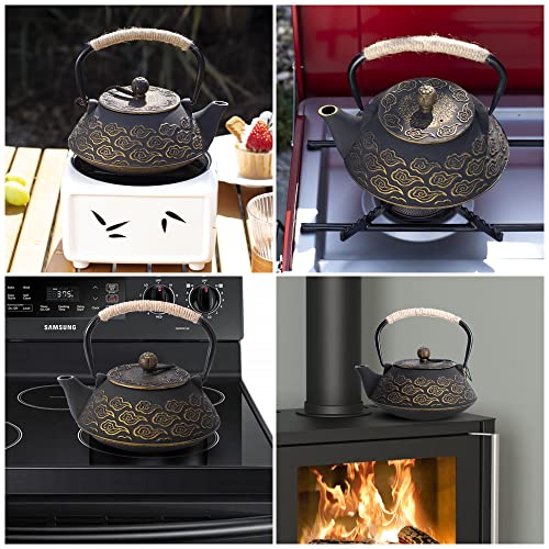 MILVBUSISS Cast Iron Teapot, Japanese Tea Pot with Infuser for Loose Leaf, Tea Kettle Stovetop Safe Coated with Enameled Interior, Clouds Pattern 27oz, 800ml Black