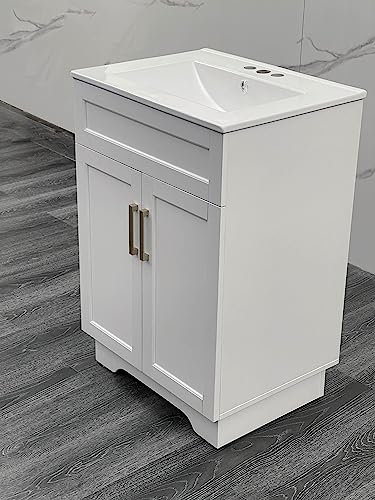 OLD CAPTAIN Bathroom Vanity with Ceramic Sink, Wooden Double Door Bathroom Storage Vanity with 24 Inch, Small Quick Assembly Bathroom Cabinet, White & Grey - Faucets and Downpipes Not Included (White)