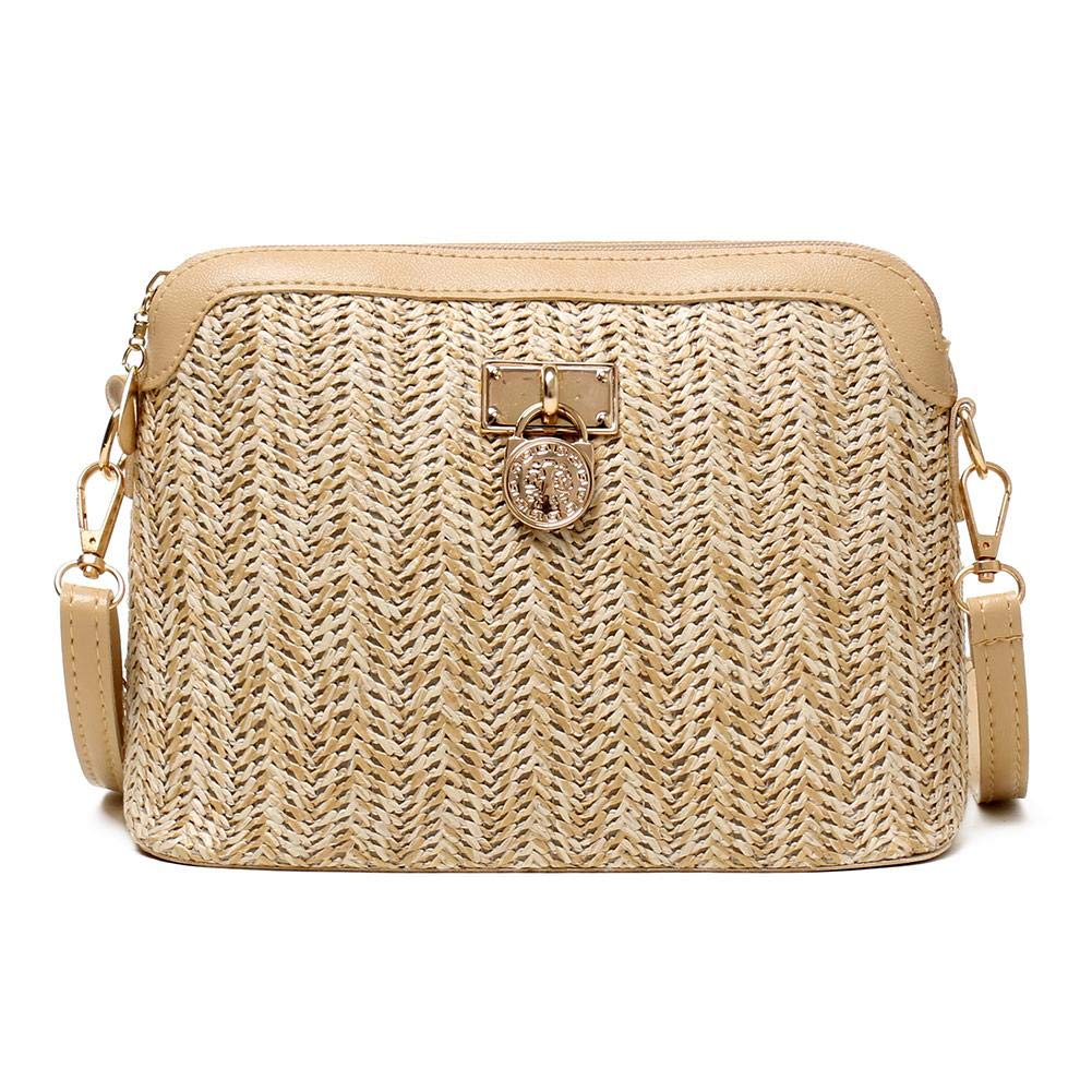 Fashion Straw Crossbody Bag Woven Boho Beach Holiday Women Shell Shoulder Bags, Light Brown, 21 x 18 x 5cm