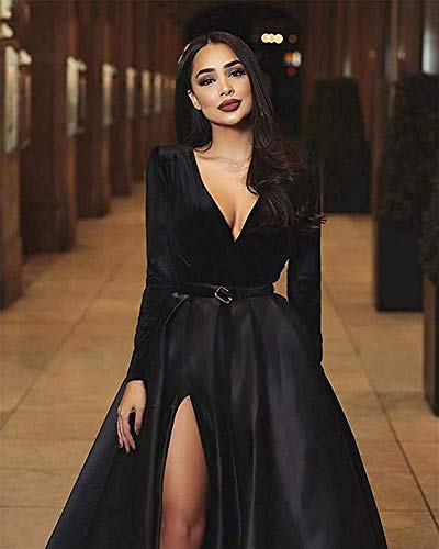 LL Bridal Long Satin Velvet Prom Dresses V Neck Long Sleeve High Slit Formal Evening Party Gowns Red-12