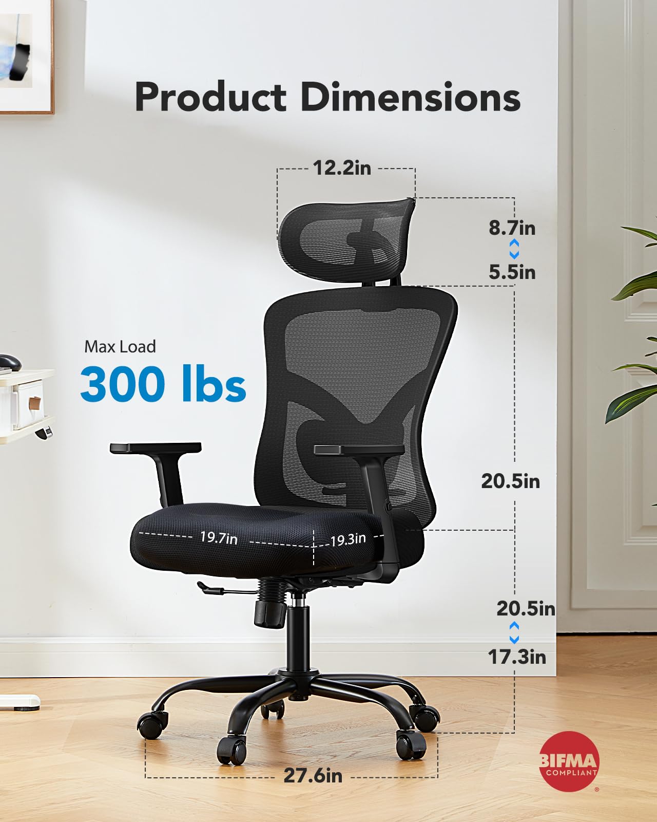 HUANUO Ergonomic Office Chair, High Back Desk Chair with S-Shaped Backrest, Adjustable Lumbar Support, Headrest, Armrest, Mesh Computer Chair with Thicker Seat Cushion and Tilt Function, Black