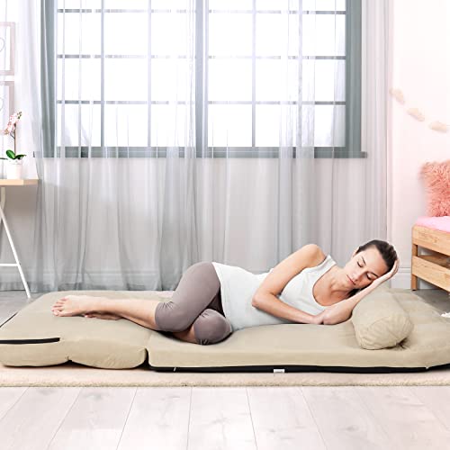 KOMFOTT Adjustable Floor Sofa Bed, Foldable Lazy Sofa Sleeper Bed with 6 Position Backrest & 2 Pillows, Convertible Futon Couch Bed with Suede Cloth Cover, Lounge Recliner for Living Room