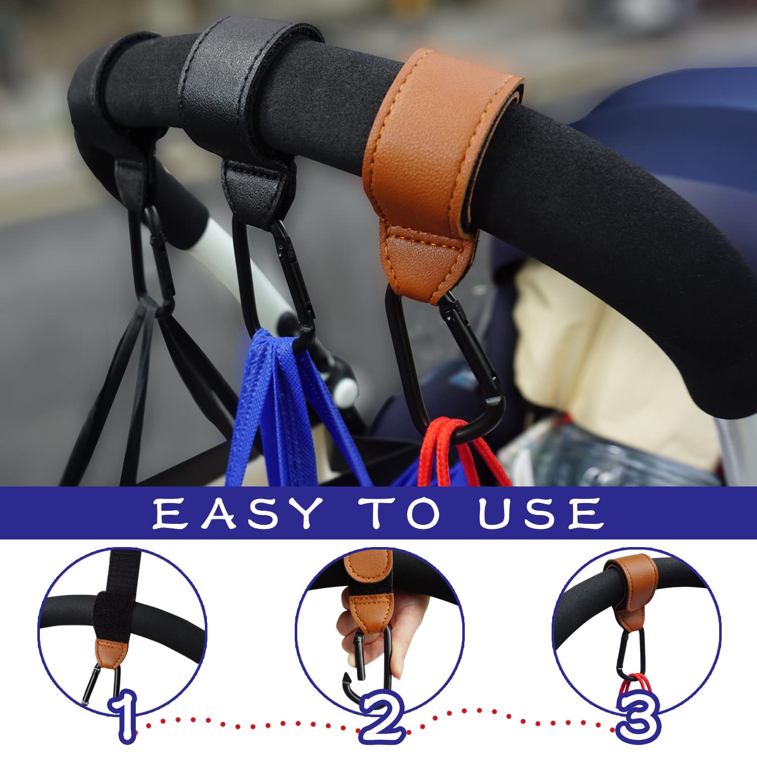 Dream Star Stroller Hook Bag Hook Hanging Diaper Bag Accessories Multi-Purpose Hook Grocery Shopping Bag Premium Vegan Leather Stroller Straps 2-Pack (Black/Brown 2-Pack) (Black)