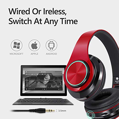 LFGKeng Wireless Bluetooth Headphones with Colorful LED Lights, Built-in Mic, Bluetooth 5.0, Foldable HiFi Stereo Deep Bass Headphones for Classroom/Home Office/PC/Mobile Phone/Kids Adult(Red Black)