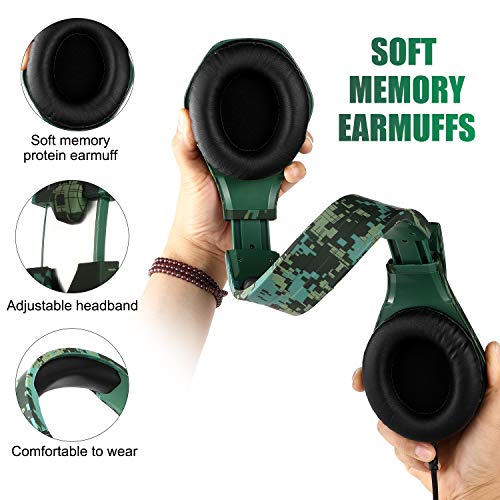 Gaming Headset for Nintendo Switch, PS4, Xbox One, PS5 Controller, Laptop, Mac, Noise Cancelling PC Headset with Mic,7.1 Stereo Surround Sound, Cool LED Light,Comfort Earmuff, Camo Green