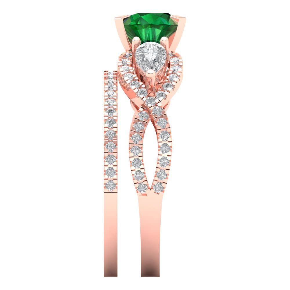 Clara Pucci 2ct Round Cut Solitaire 3 stone Simulated Emerald Engagement Promise Anniversary Bridal Ring Band set 14k Rose Gold 8.25