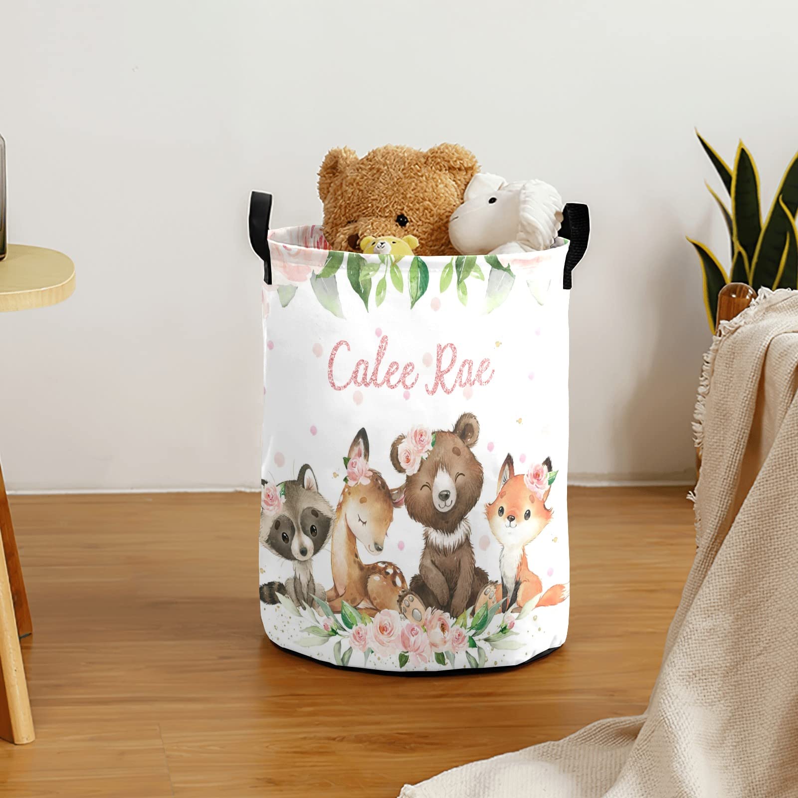 Cute Woodland Animals Blush Pink Floral Personalized Laundry Basket ,Custom Foldable Storage Bins Laundry Hamper for Nursery Pet Toys Clothes