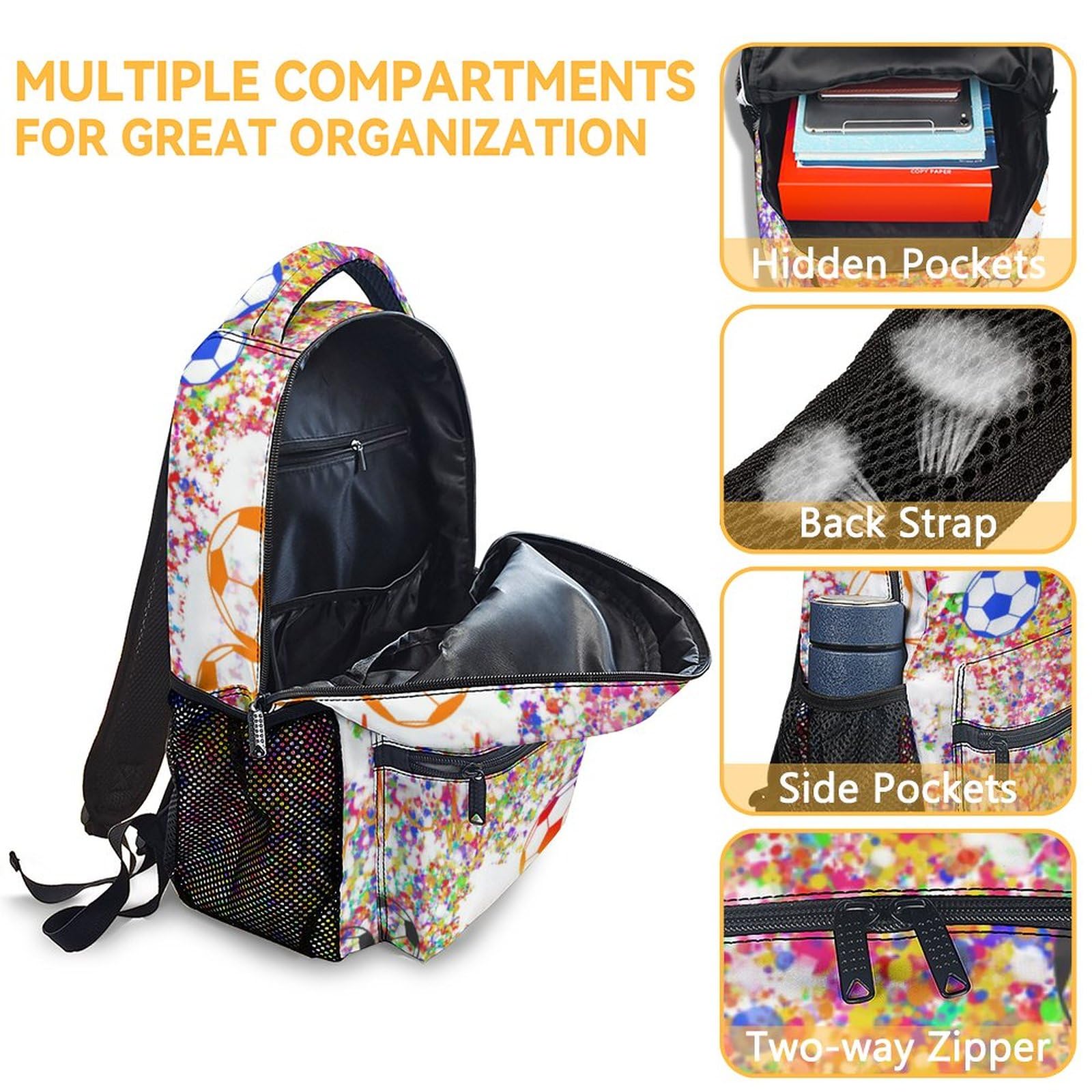 COOPASIA Soccer Backpack for Girls Boys, 16 Inch Soccer Theme Bookbag with Adjustable Straps, Lightweight, Durable, School Bag with Large Capacity