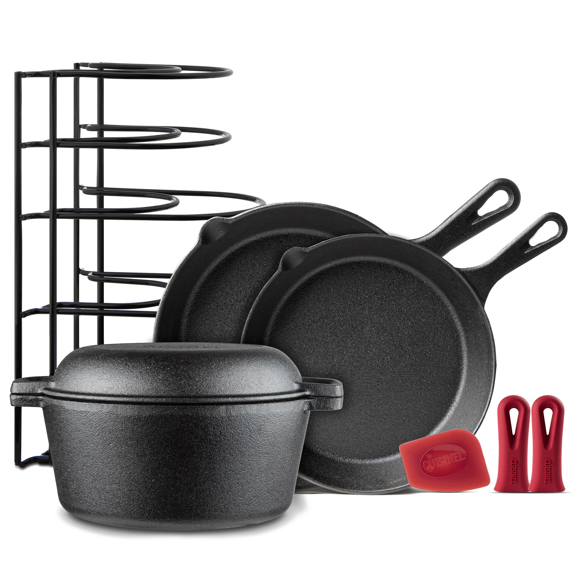 Cuisinel Cast Iron Skillets Set + Glass Lids - 8"+10"+12" Frying Pans + Pan Rack Organizer + Scraper + Silicone Grip Handle Holders - Pre-Seasoned Oven Kitchen Cookware Kit - Grill, Fire, Stovetop Use