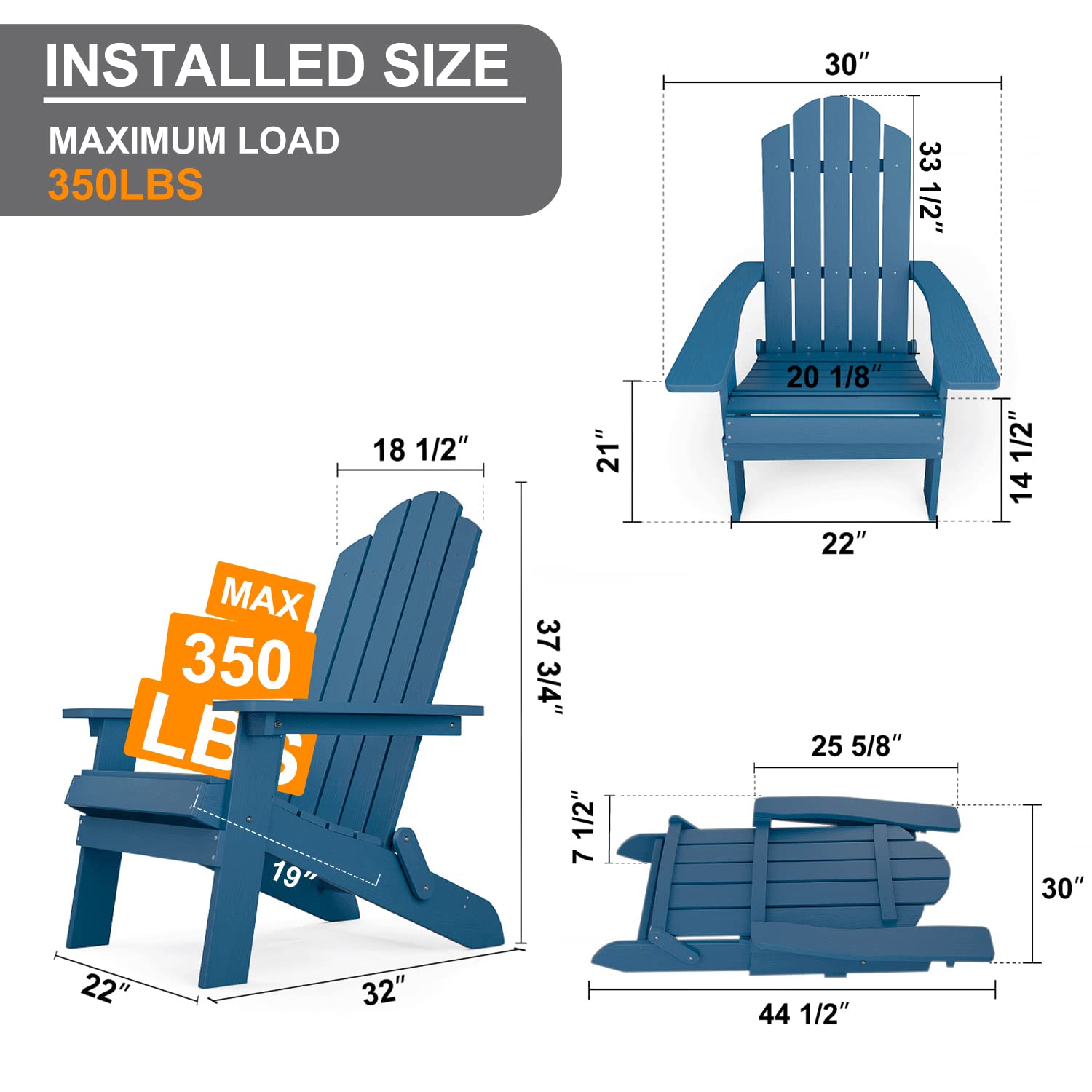 MXIMU Adirondack Chair: Folding Adirondack Chairs Fire Pit Chairs Plastic Outdoor Chairs for Lawn Backyard Deck Garden Camping - Navy