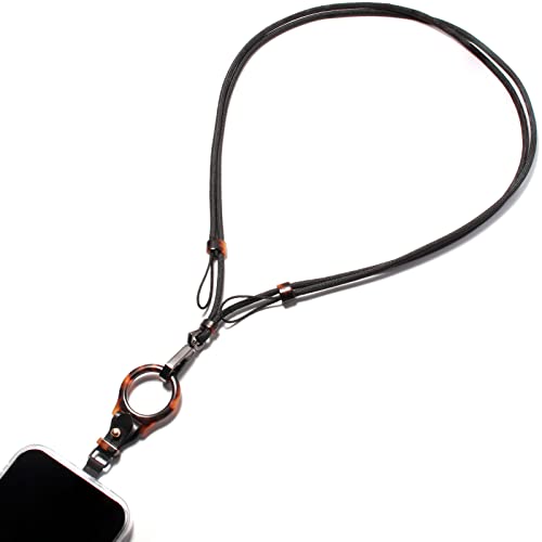 JOJOPANDA Adjustable Phone Lanyard Nylon Crossbody Shouder Strap Around Neck Strap Phone Case Patch with Acrylic Finger String Holder Ring (Black)