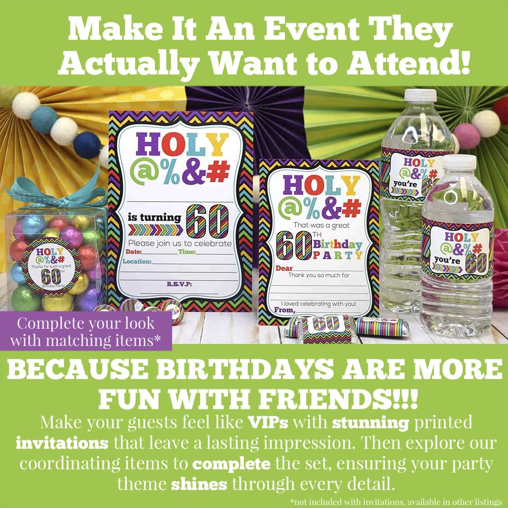 HOLY @% 60th Birthday Party Invitations, 20 Funny 5x7 Fill In Cards with Twenty White Envelopes for Milestone Birthdays by AmandaCreation