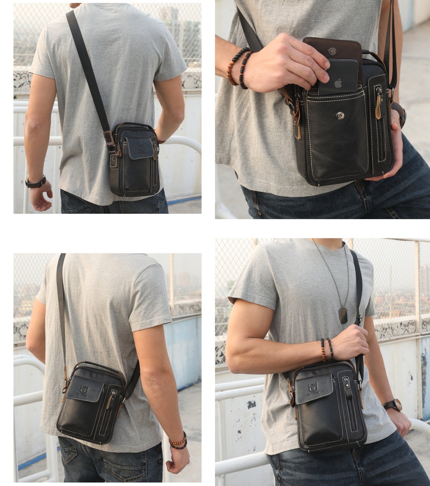 BULLCAPTAIN Genuine Leather Men Bags Small Shoulder Crossbody Bag for Men Everyday Casual Travel Messenger Bag Handbag (black)