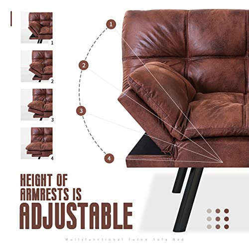 IULULU Futon Sofa Bed, Faux Leather Couch, Modern Convertible Sleeper Daybed with Adjustable Armrests for Studio, Apartment, Office, Small Space, Compact Living Room, Brown