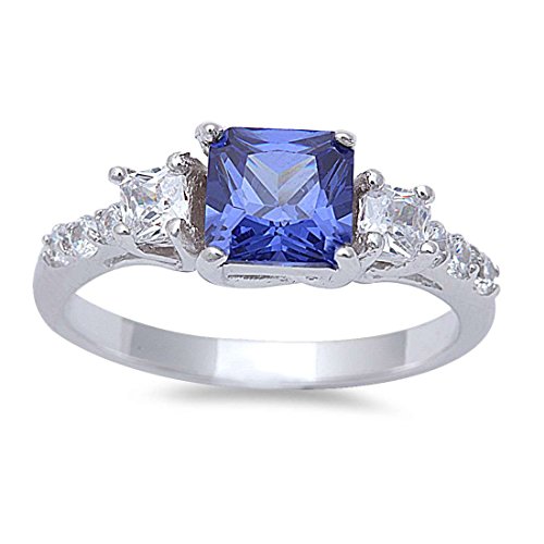 Blue Apple Co. 3 Stone Wedding Engagement Ring Princess Cut Square Simulated Tanzanite Round Cubic Zirconia 925 Sterling Silver, Size - 8
