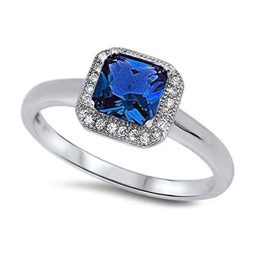 Blue Apple Co. Classic Halo Wedding Engagement Ring Princess Cut Square Simulated Sapphire Round CZ 925 Sterling Silver