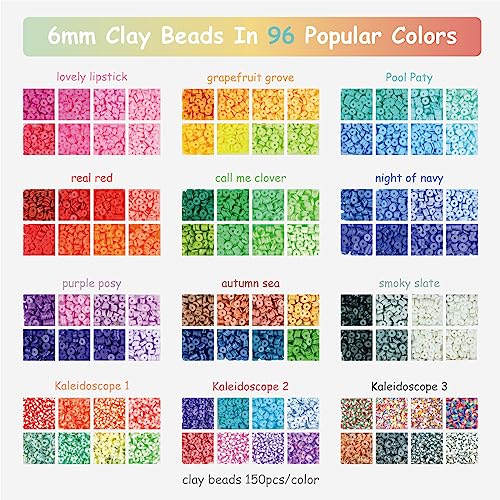 Velavior 15,000 pcs Clay Beads Bracelet Making Kit, 96 Colors Polymer Heishi Beads for Jewelry Making Kit 6mm Flat Round Beads with Letter Beads Charms Elastic Strings for Girls Preppy Craft Necklace
