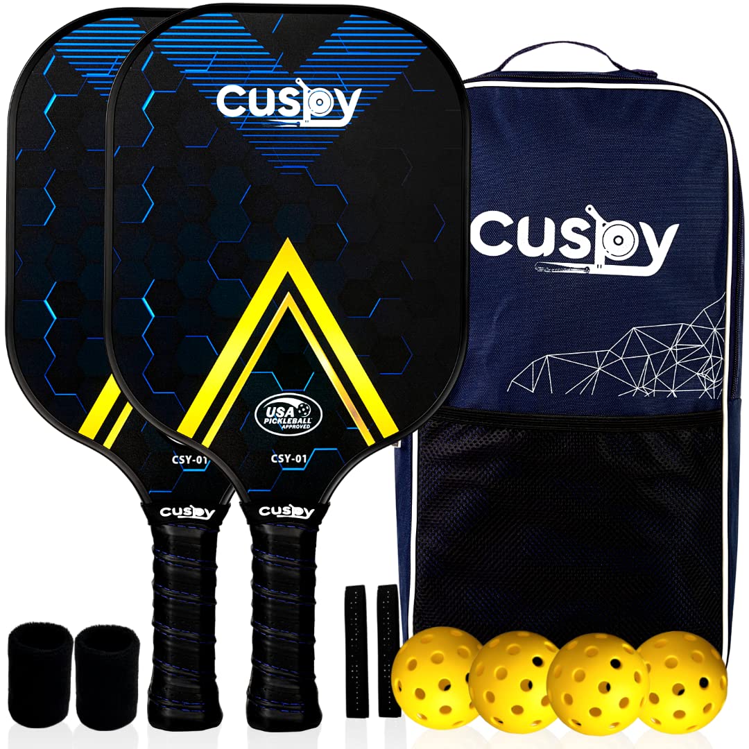 Cuspy USAPA Pickleball Paddles Set of 2 – includes 2 Pickleball Paddles with sturdy Graphite Surface and trendy Dark Blue color, 4 Balls, 2 Extra Grip Tapes, 2 Wristbands, and a durable Pickleball Bag