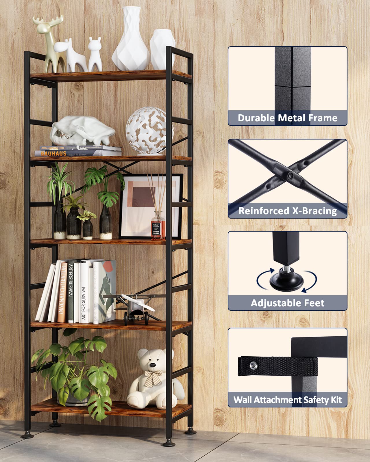 CosyStar 5-Tier Adjustable Tall Bookcase, Rustic Wood and Metal Standing Bookshelf, Industrial Vintage Book Shelf Unit, Open Back Modern Office Bookcases