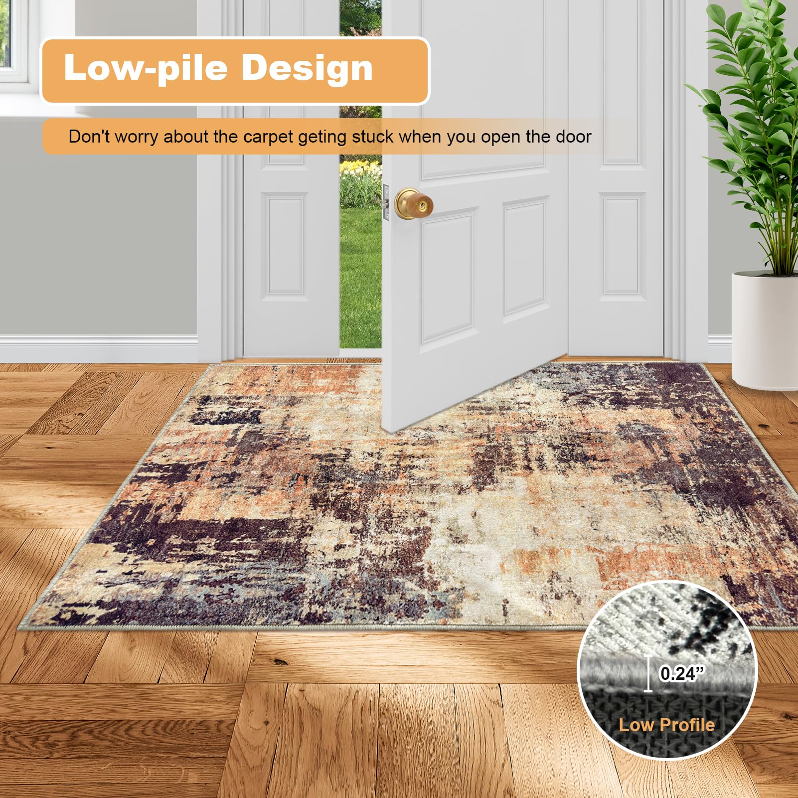 OIGAE Washable Rug 2x3, Abstract Modern Small Entryway Rug Door Mat with Non-Slip Backing, Front Entrance Carpet for Entrance Bedroom Bedside Kitchen Laundry Home Decor, Gold/Brown