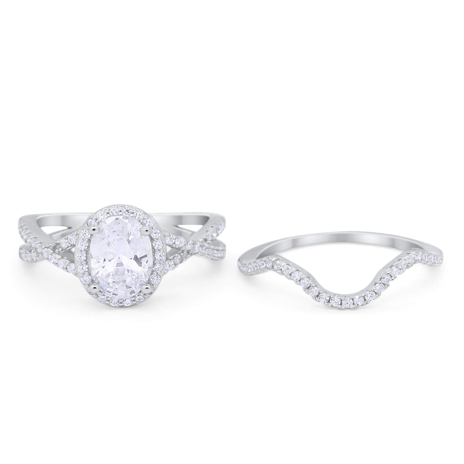Blue Apple Co. Halo Wedding Engagement Bridal Set Twist Shank Ring Band 925 Sterling Silver Oval Round CZ