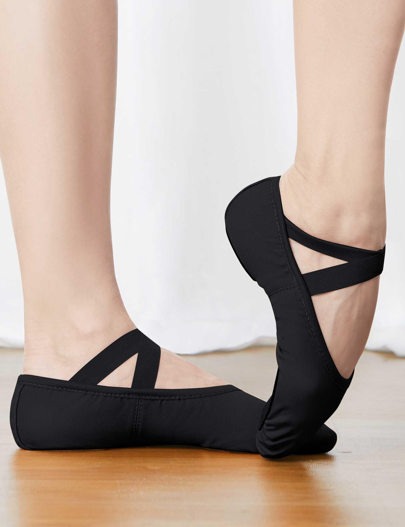 Daydance Black Ballet Slippers for Women, 4 Way Elastic Canvas Dance Shoes