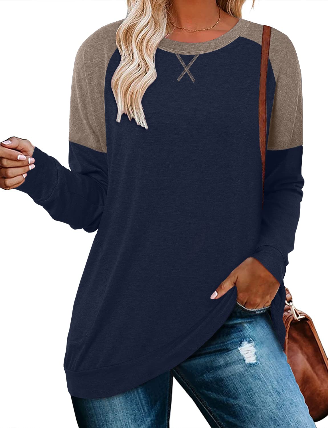 CRAZY GRID Ladies Long Sleeve T Shirt with Pockets Color Block Loose Crew Neck Casual Sweatshirt Blue Brown X-Large