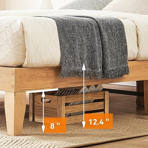 GAOMON 12.4 Inch Deluxe Solid Wood Queen Bed Frame with Natural Rattan Headboard, Queen Size Platform Bed Frame with LED Lights, Mattress Foundation, Noise-Free, No Box Spring Needed