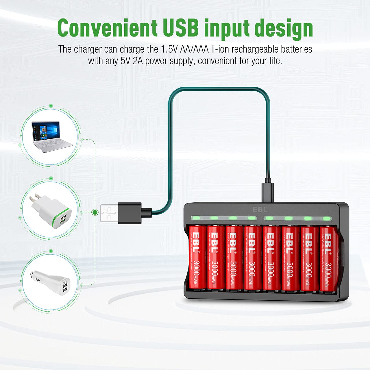 EBL AA AAA Lithium Batteries with Charger Combo 1.5V Rechargeable Battery 8-Pack AA Lithium Batteries 3000mWh & 8 Pack AAA Lithium Batteries 1200mWh with 8 Bay Battery Charger