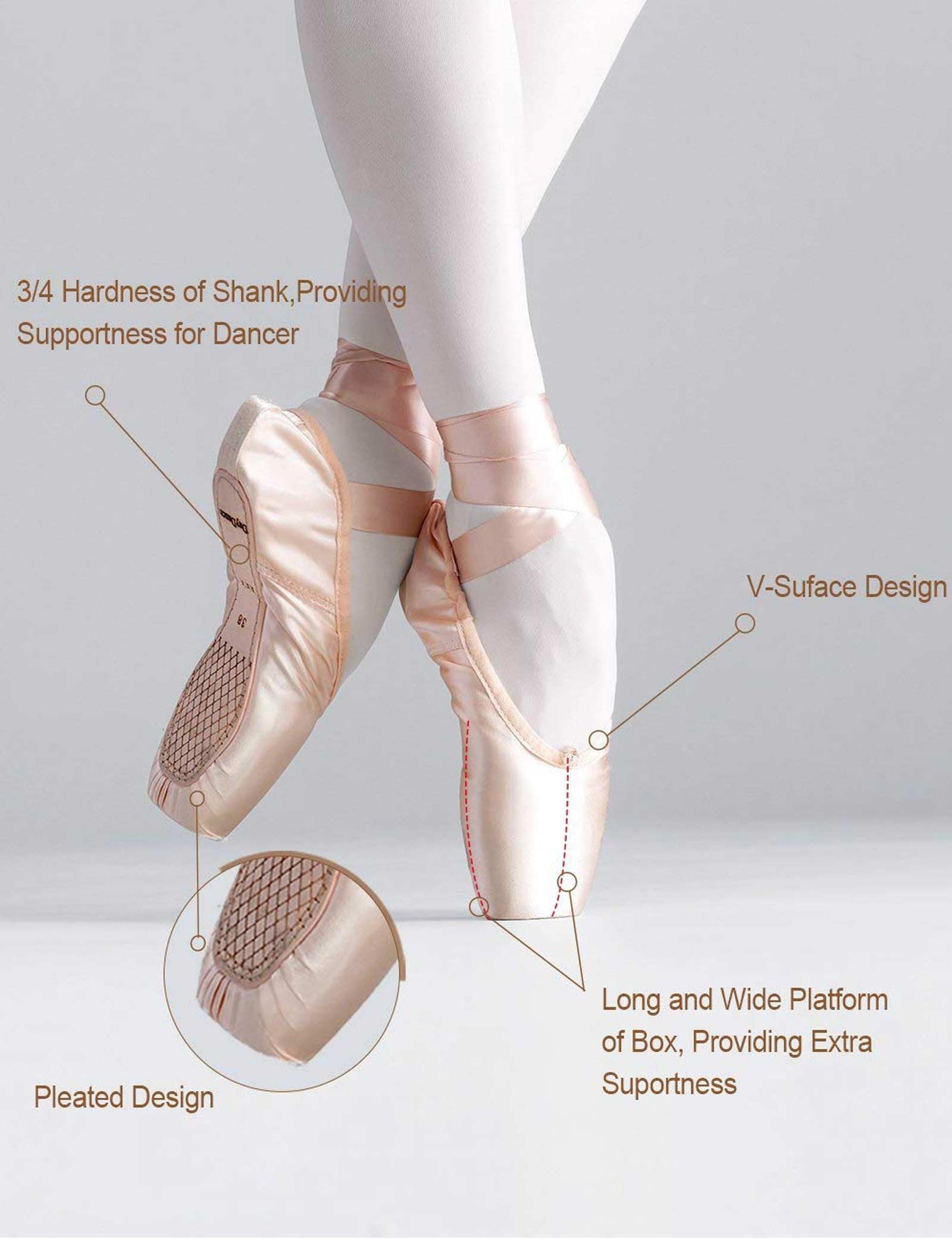 Daydance Women's Pointe Shoes Pink Ribbon Ballerina Ballet Shoes with Silicone Toe Pads (Light Pink, 7)