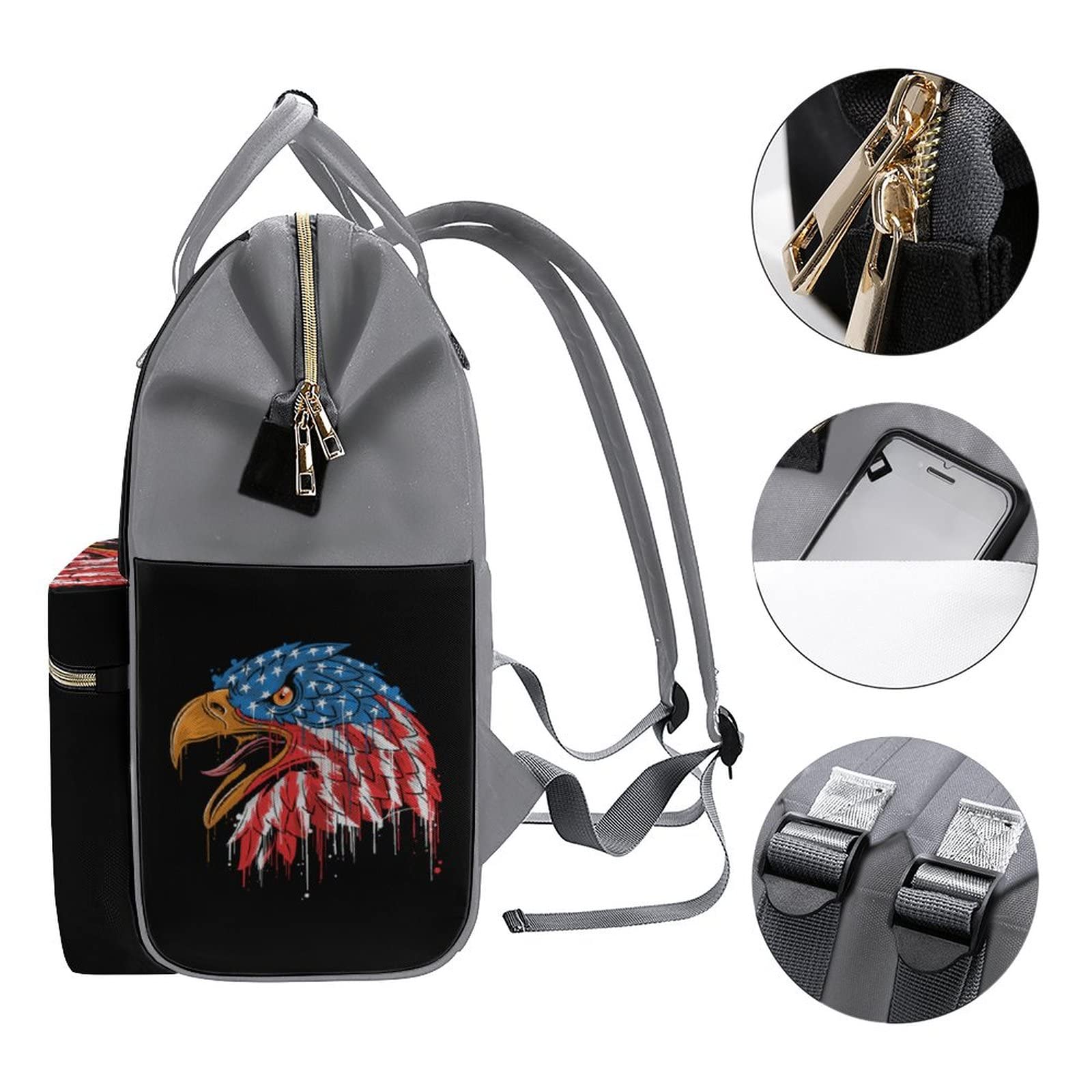 Eagle Independence USA Flag Diaper Bag Backpack Large Capacity Mommy Bags Multifunction Nappy Bag Travel Back Pack Gray-Style