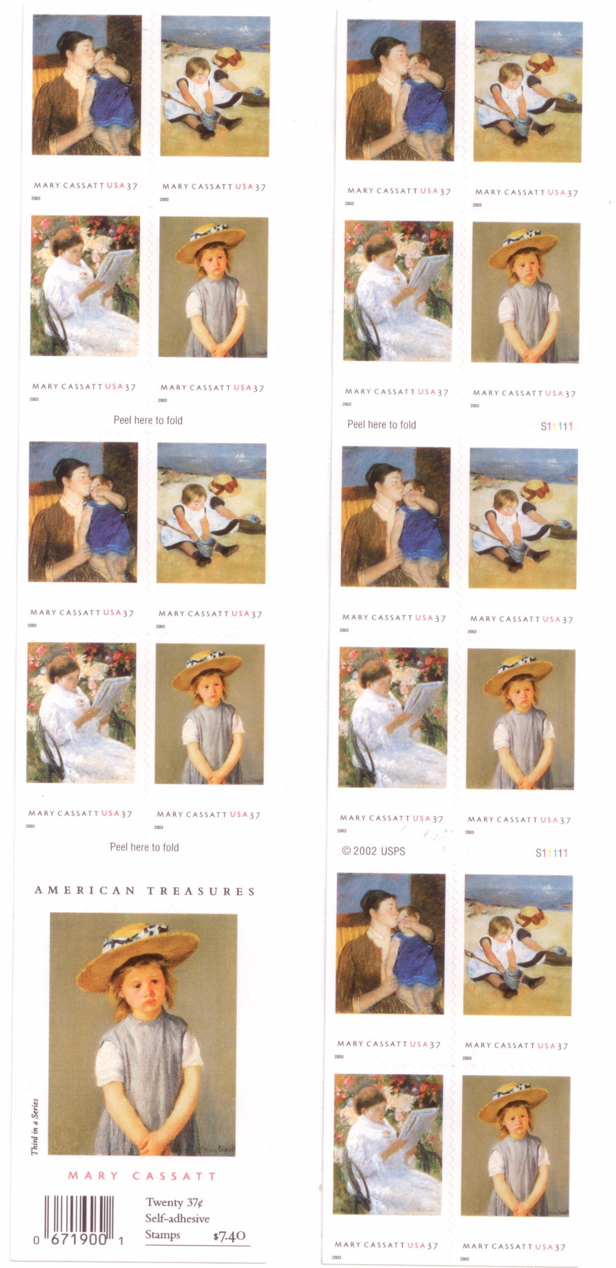 Mary Cassatt: American Treasures, Full Booklet of 20 x 37-Cent Postage Stamps, USA 2003, Scott 3804-07