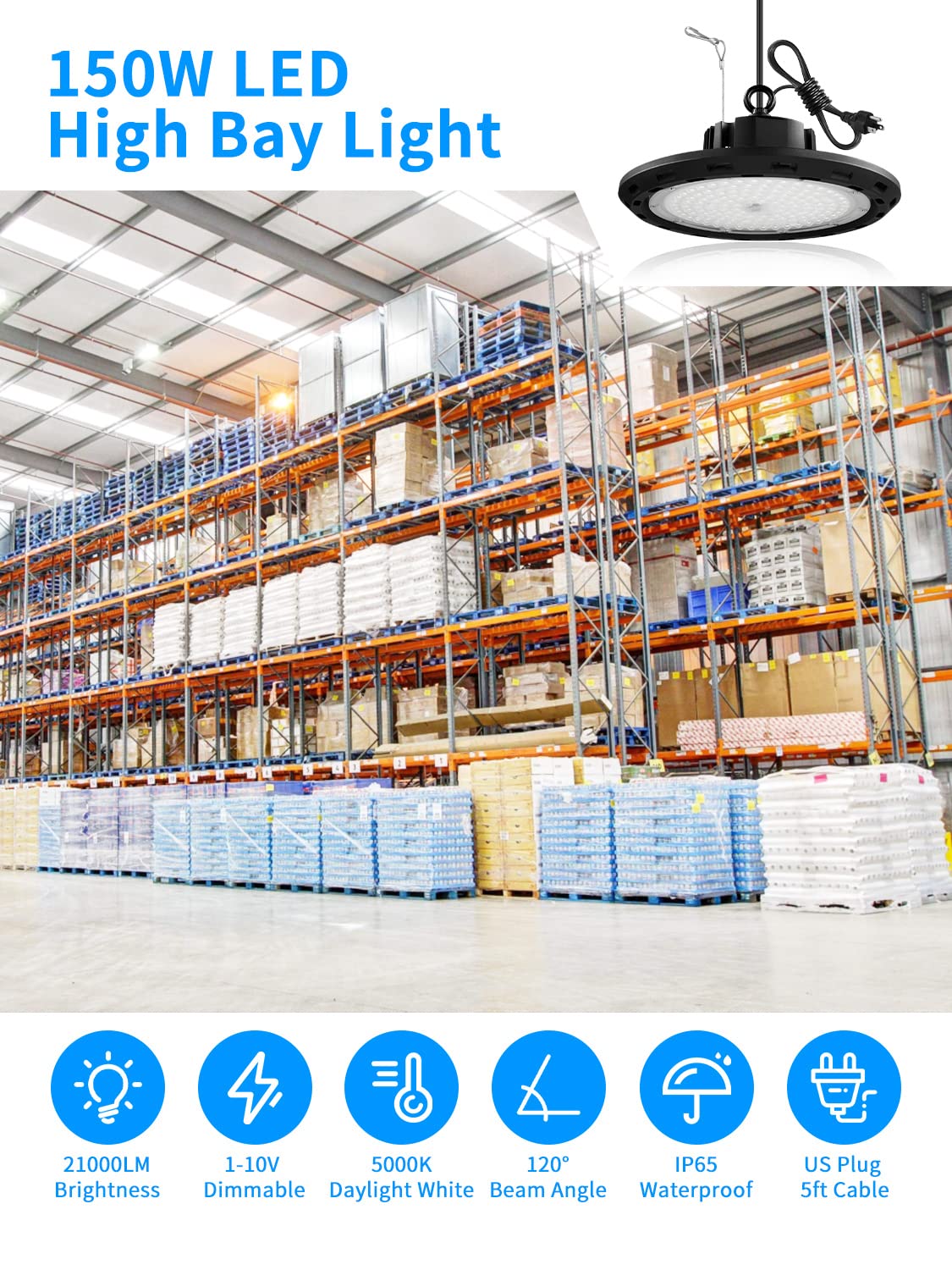 LED Garage Light, 185W 18500LM Plug in LED Shop Light, Linkable Garage Light with Plug Deformable 6 Panels, 6500K LED Garage Ceiling Lights for Garage, Warehouse, Barn, Basement Built-in ON/Off