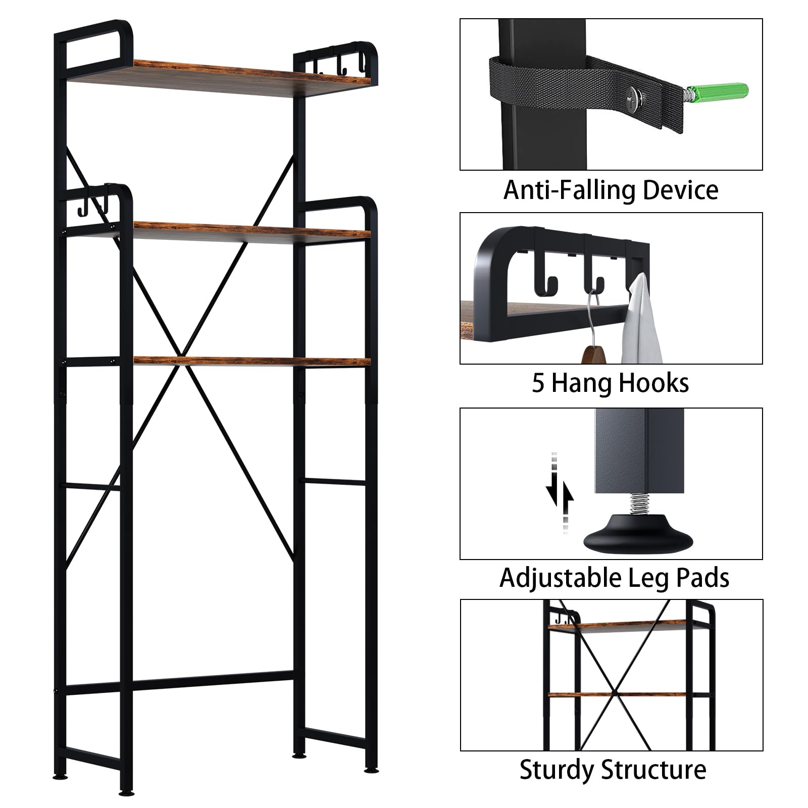 Huhote Over The Toilet Storage Rack with 3-Tier Bathroom Shelves, Space Saver Toilet Shelf, Bathroom Storage Organizer with Hooks for Over Toilet Storage and Bathroom Shelf (Rustic Brown)