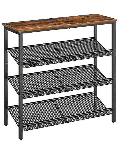 HOOBRO Shoe Rack, 4-Tier Shoe Rack, Shoe Shelf for Entryway, Closet, Holds 12-15 Pairs of Shoes, Shoe Storage Organizer with 3 Metal Mesh Shelves, Solid and Stable, Industrial, Rustic Brown BF42XJ01
