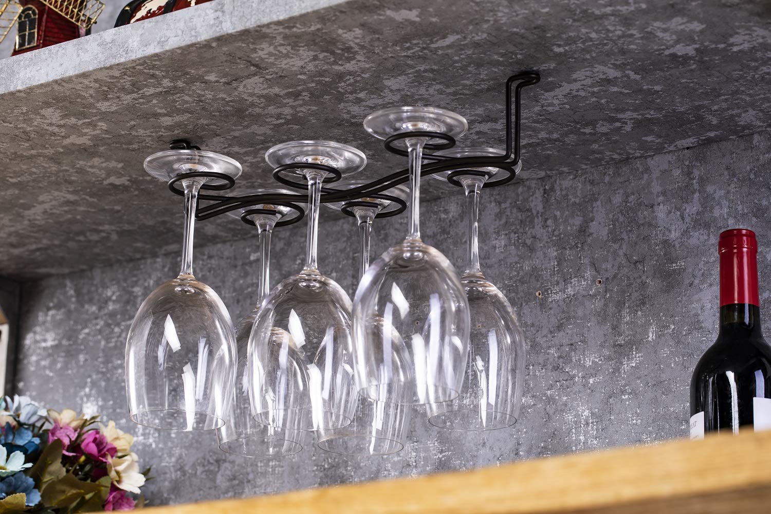 DBYAN Under Cabinet Wine Glass Rack Stemware Holder,Oil Rubbed Bronze 6 Cup Glasses Vintage Style Stainless Steel Wall-Mounted Hanging Wine Glass Hanger For Bar Home Cafe