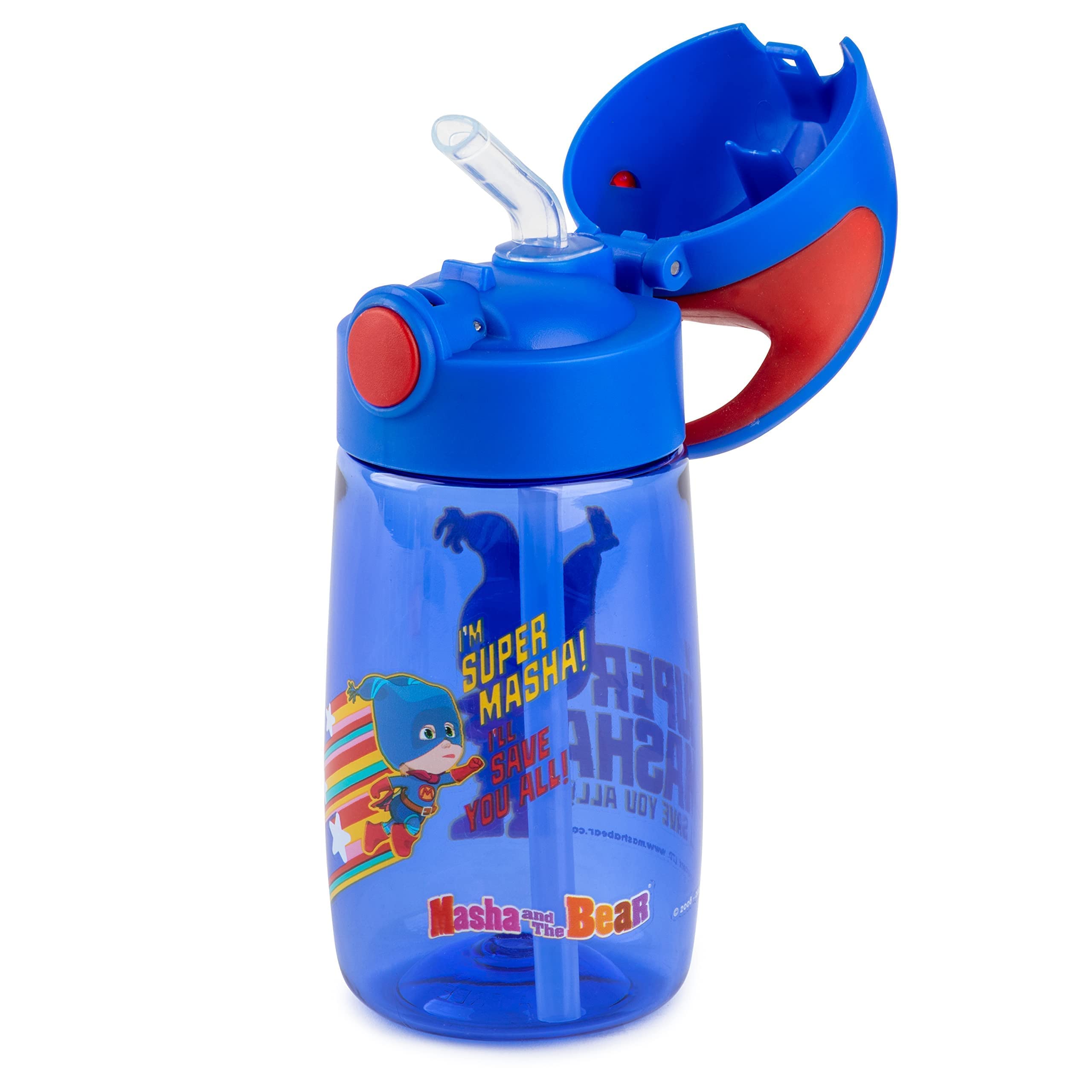 Masha and the Bear 14oz Kids Water Bottle With Straw - Spill Proof Straw Valve, Pop Button, BPA Free Water Bottle for Kids School - Featuring Soft Silicone Handle Grip - Children's Drinkware - Blue