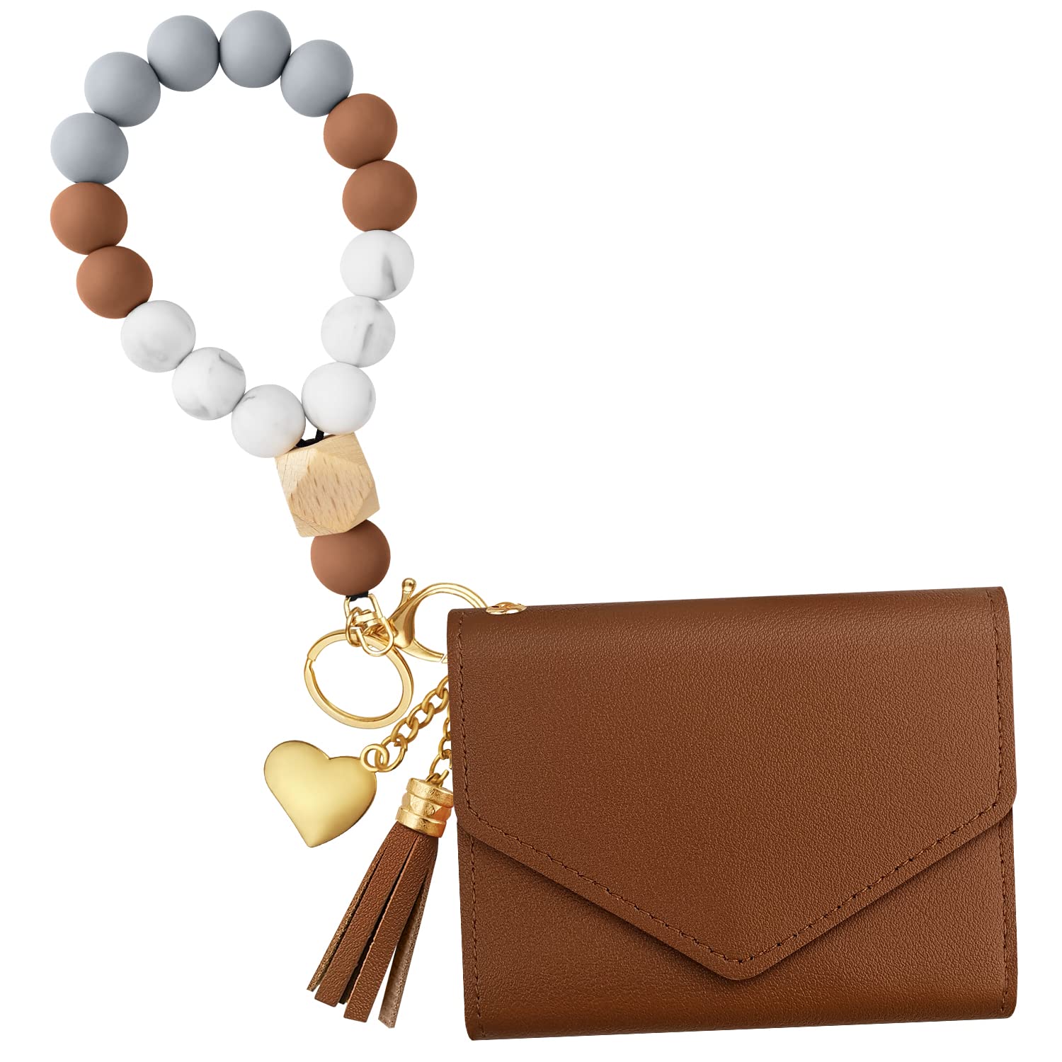 DGDFLDGC Wristlet Keychain with Wallet Elastic Silicone Beads Keychain Wristlet Wallet with Card Pocket Beaded Keychain Bracelet (Brown)