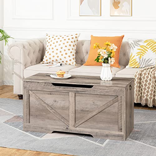 HOOBRO Storage Bench, 39.4β Retro Wooden Storage Chest with U-Shaped Cut-Out Pull, Safety Hinge, Supports 220 lb and Easy Assembly for Toy Box Organizer (Greige) BG771CW01