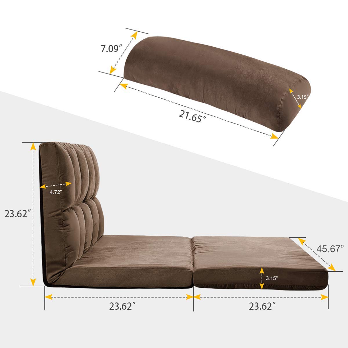 EMKK Chair with Back Support-Double Seating for Adults & Kids,w Adjustable Couch Fully Backrest 2 Pillows Gaming Living Room, Folding Chaise Lounge Floor Sofa, Brown Aparment a