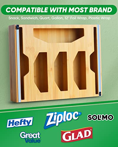 ONUEMP Ziplock Bag Storage Organizer for Kitchen Drawer, Aluminum Foil and Plastic Wrap Dispenser with Slide Cutter Fits 12" Roll, Bamboo Baggie Organizer Holder for Gallon, Quart, Sandwich and Snack