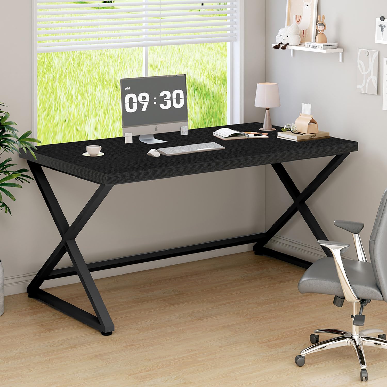 IBF Gray Computer Desk, Modern Writing Study Desk for Home Office, Industrial Wooden Metal Executive Work Desk, Simple Pc Gaming Laptop Workstation Computer Table in Bedroom, Light Grey Oak, 55 Inch