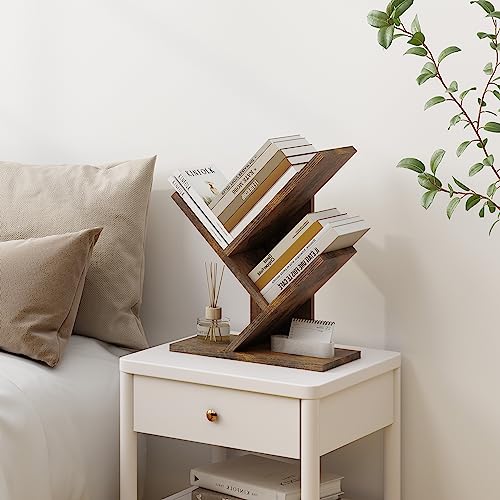 Tajsoon Tree Bookshelf 3 Tier Book Storage Organizer Shelves, Desktop Bookshelf Floor Standing Bookcase Display for CDs/Magazine/Books, Small Bookshelf for Bedroom, Living Room&Office, Rustic Brown