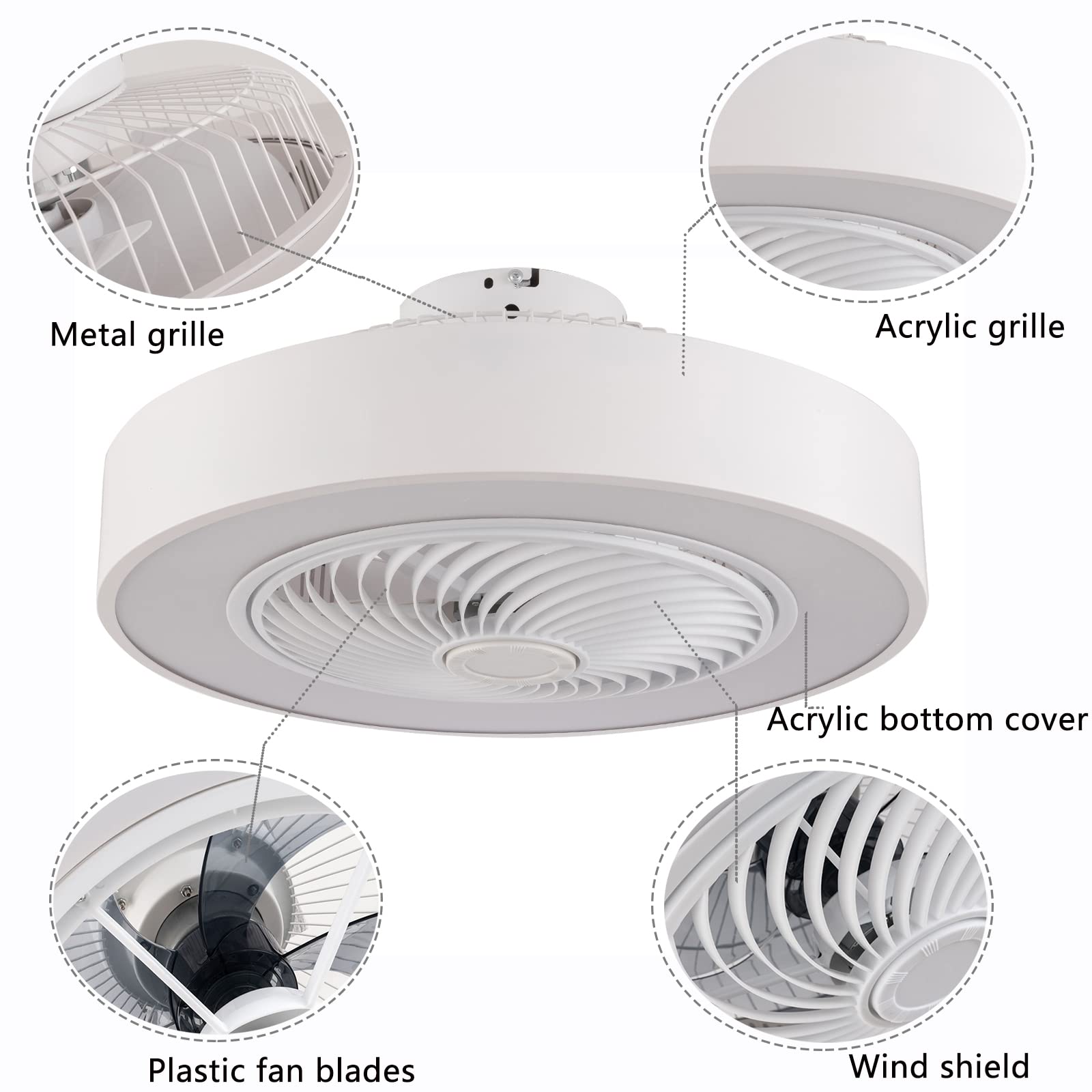 Ceiling Fan with Light Kit,22 Inch Modern LED Remote Control Semi Flush Mount Fandelier with Invisible Acrylic Blades,3 Colors 3 Speeds Changing,Enclosed Low Profile Fan (White)